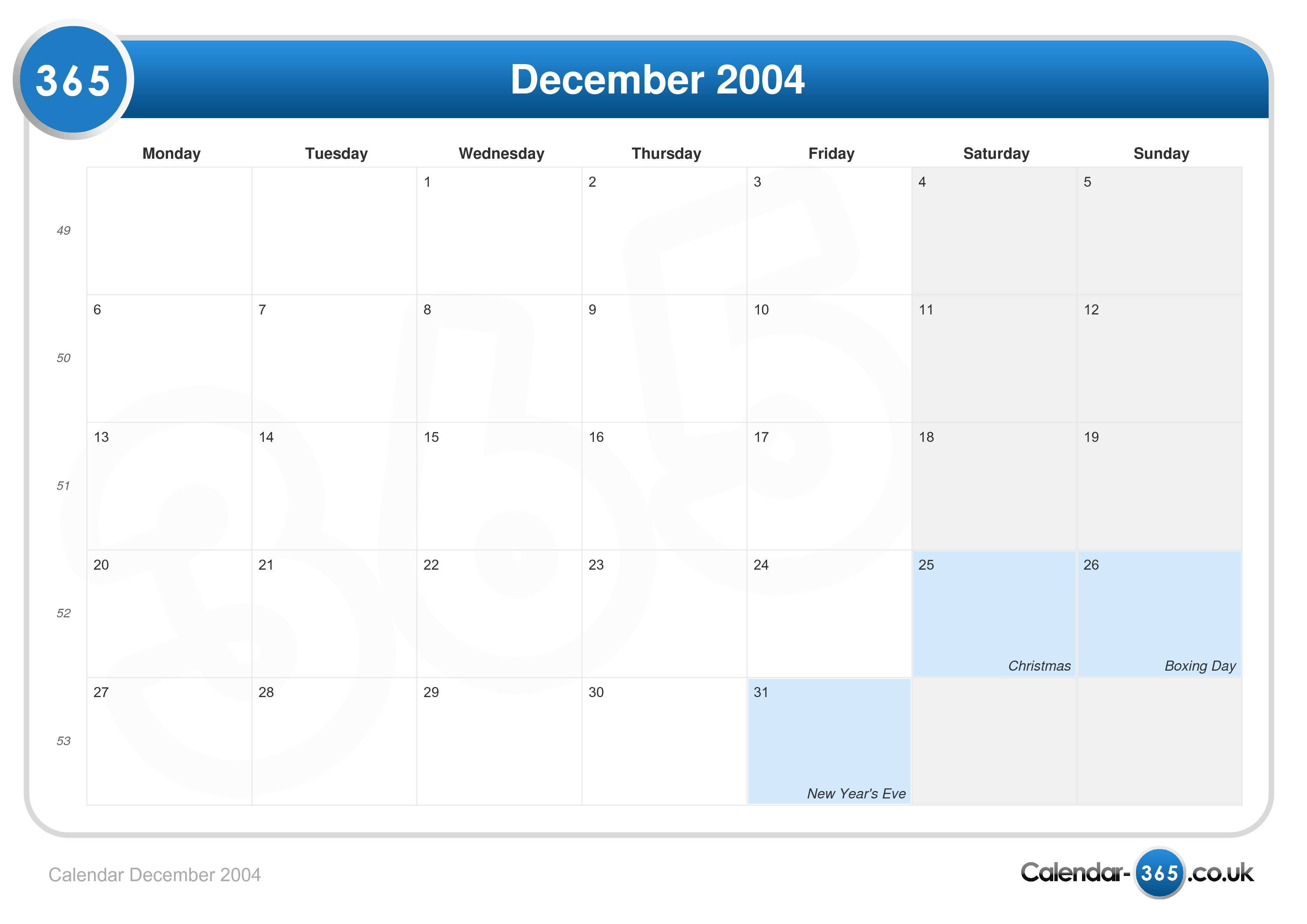 Calendar December 2004